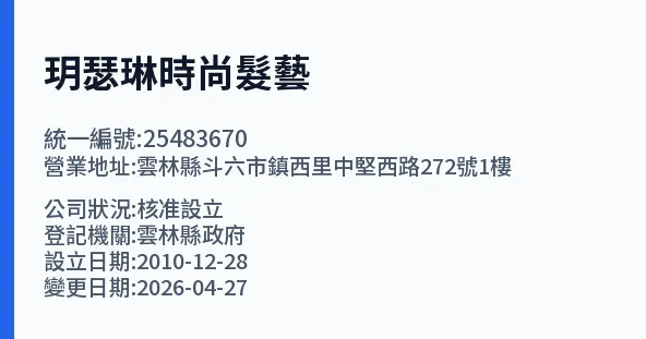 玥瑟琳時尚髮藝的照片-統編 25483670(雲林縣) 公司登記資料與營業項目詳細圖表