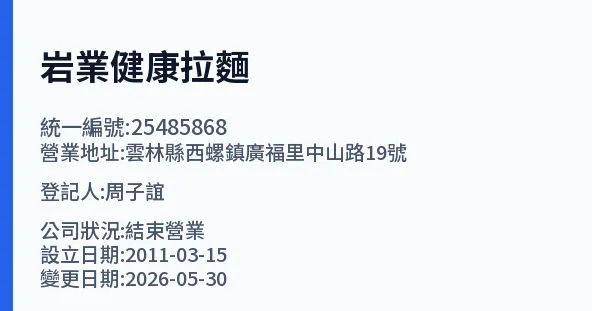 岩業健康拉麵的照片-統編 25485868(雲林縣) 公司登記資料與營業項目詳細圖表