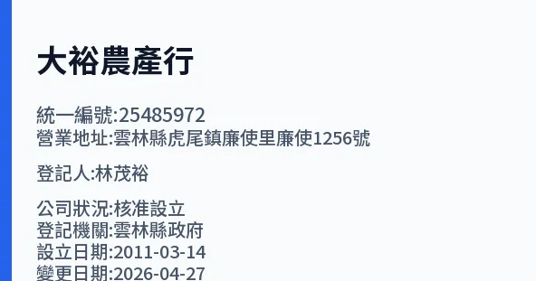 大裕農產行的照片-統編 25485972(雲林縣) 公司登記資料與營業項目詳細圖表