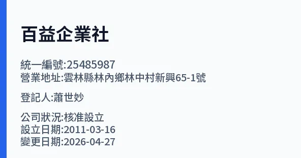 百益企業社的照片-統編 25485987(雲林縣) 公司登記資料與營業項目詳細圖表