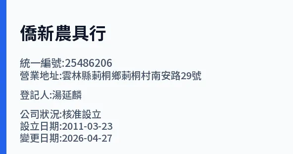 僑新農具行的照片-統編 25486206(雲林縣) 公司登記資料與營業項目詳細圖表