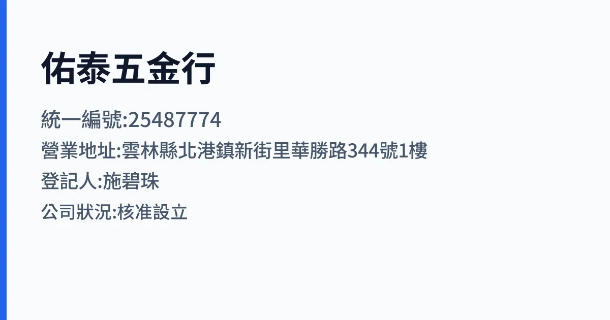 佑泰五金行 - 統編 25487774(雲林縣) 公司登記資料與營業項目詳細圖表