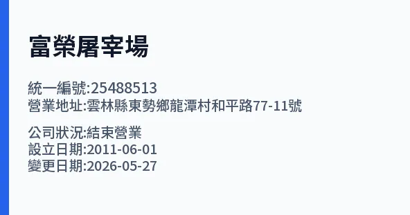 富榮屠宰場的照片-統編 25488513(雲林縣) 公司登記資料與營業項目詳細圖表