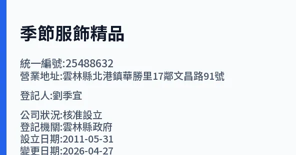 季節服飾精品的照片-統編 25488632(雲林縣) 公司登記資料與營業項目詳細圖表