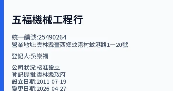 五福機械工程行的照片-統編 25490264(雲林縣) 公司登記資料與營業項目詳細圖表