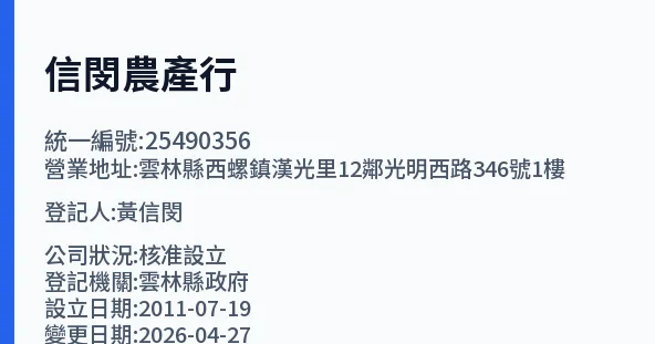 信閔農產行的照片-統編 25490356(雲林縣) 公司登記資料與營業項目詳細圖表
