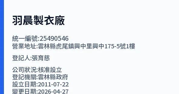 羽晨製衣廠的照片-統編 25490546(雲林縣) 公司登記資料與營業項目詳細圖表