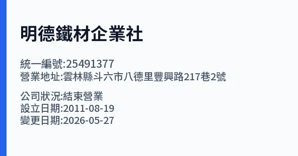 明德鐵材企業社的照片-統編 25491377(雲林縣) 公司登記資料與營業項目詳細圖表