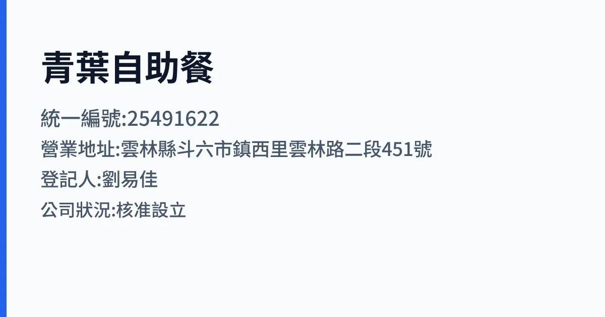 青葉自助餐 - 統編 25491622(雲林縣) 公司登記資料與營業項目詳細圖表