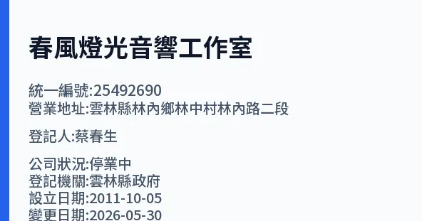 春風燈光音響工作室的照片-統編 25492690(雲林縣) 公司登記資料與營業項目詳細圖表