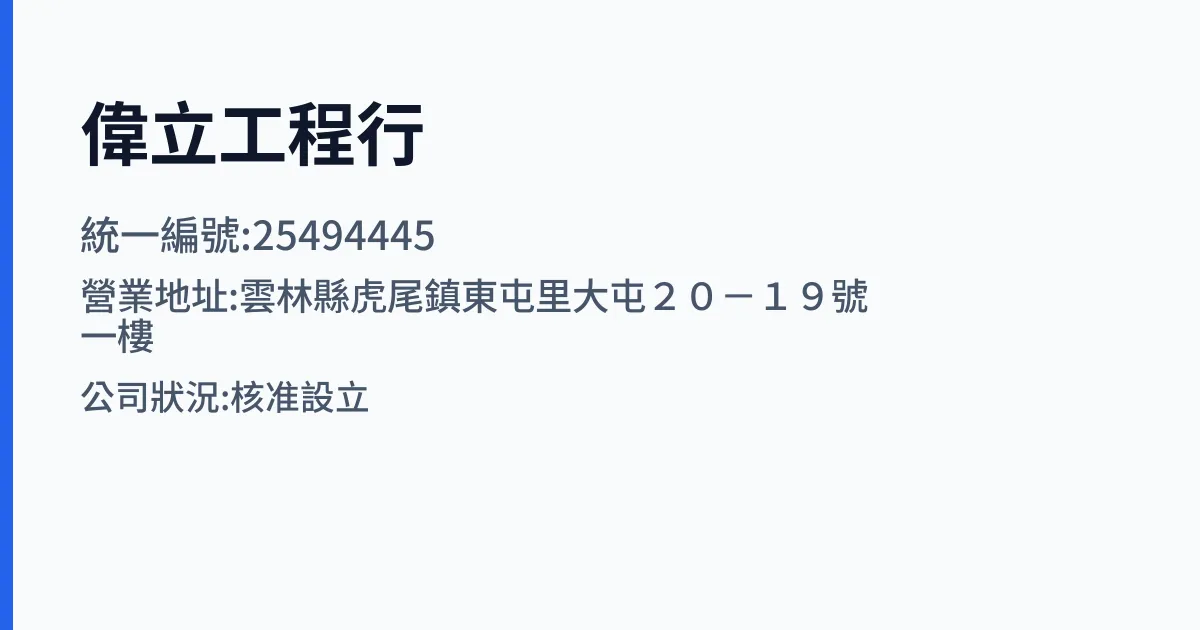 偉立工程行 - 統編 25494445(雲林縣) 公司登記資料與營業項目詳細圖表