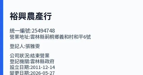 裕興農產行的照片-統編 25494748(雲林縣) 公司登記資料與營業項目詳細圖表