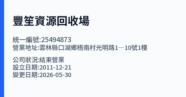 豐笙資源回收場的照片-統編 25494873(雲林縣) 公司登記資料與營業項目詳細圖表