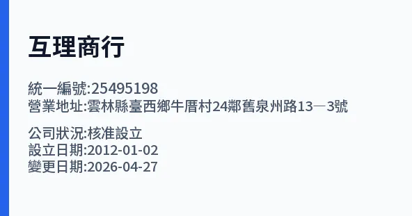 互理商行的照片-統編 25495198(雲林縣) 公司登記資料與營業項目詳細圖表
