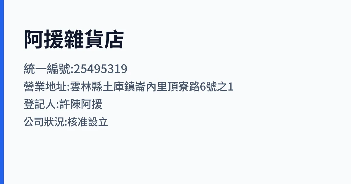 阿援雜貨店 - 統編 25495319(雲林縣) 公司登記資料與營業項目詳細圖表