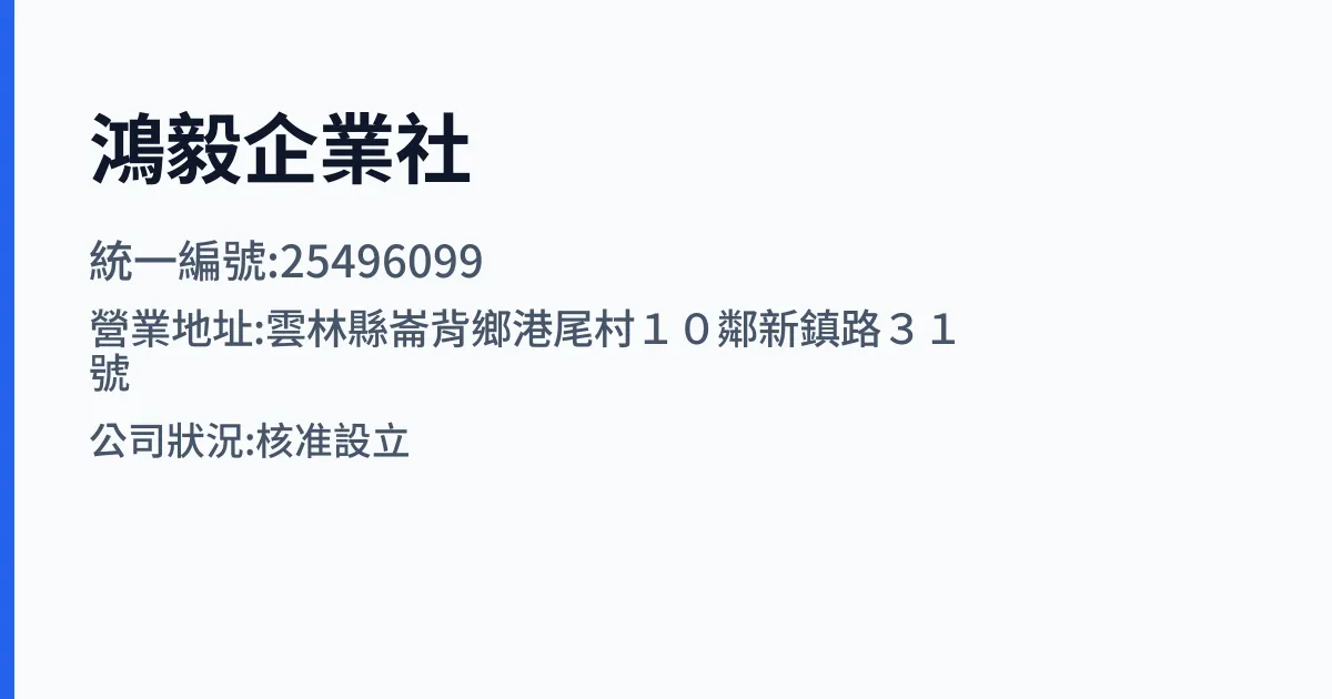 鴻毅企業社 - 統編 25496099(雲林縣) 公司登記資料與營業項目詳細圖表