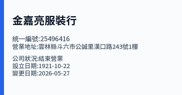 金嘉亮服裝行的照片-統編 25496416(雲林縣) 公司登記資料與營業項目詳細圖表