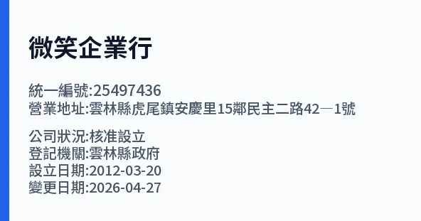 微笑企業行的照片-統編 25497436(雲林縣) 公司登記資料與營業項目詳細圖表