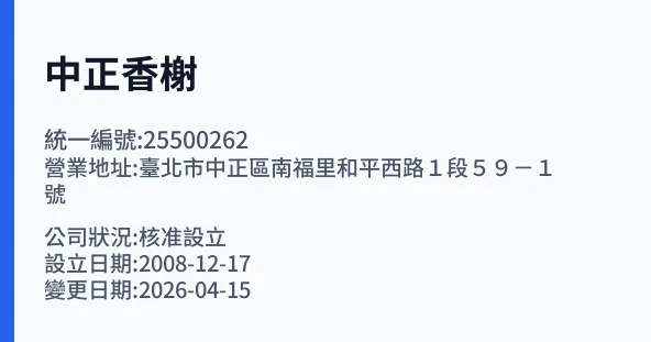 中正香榭的照片-統編 25500262(臺北市) 公司登記資料與營業項目詳細圖表