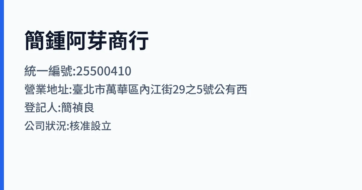 簡鍾阿芽商行 - 統編 25500410(臺北市) 公司登記資料與營業項目詳細圖表
