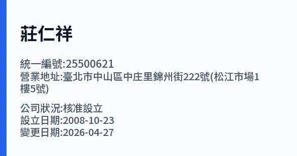 莊仁祥的照片-統編 25500621(臺北市) 公司登記資料與營業項目詳細圖表