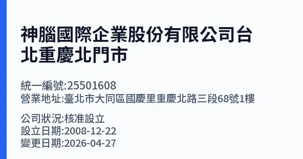 神腦國際企業股份有限公司台北重慶北門市的照片-統編 25501608(臺北市) 公司登記資料與營業項目詳細圖表
