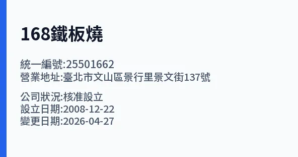 168鐵板燒的照片-統編 25501662(臺北市) 公司登記資料與營業項目詳細圖表
