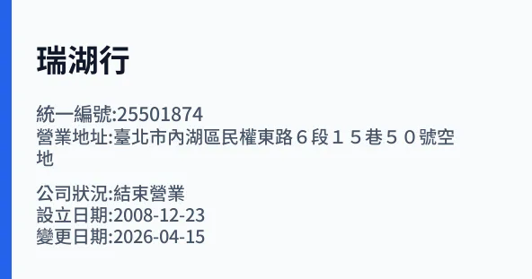 瑞湖行的照片-統編 25501874(臺北市) 公司登記資料與營業項目詳細圖表