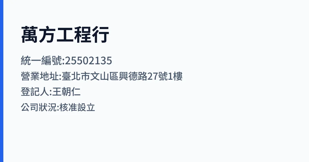 萬方工程行 - 統編 25502135(臺北市) 公司登記資料與營業項目詳細圖表