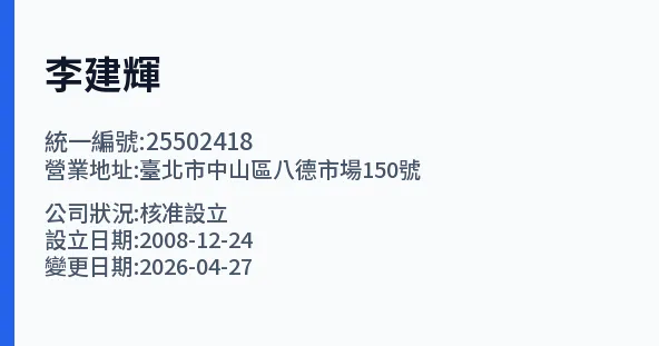 李建輝的照片-統編 25502418(臺北市) 公司登記資料與營業項目詳細圖表