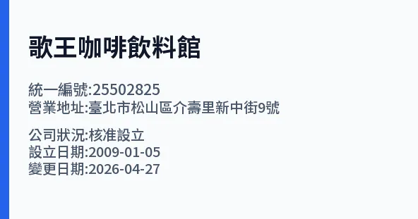 歌王咖啡飲料館的照片-統編 25502825(臺北市) 公司登記資料與營業項目詳細圖表