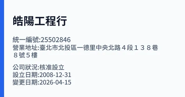 皓陽工程行的照片-統編 25502846(臺北市) 公司登記資料與營業項目詳細圖表