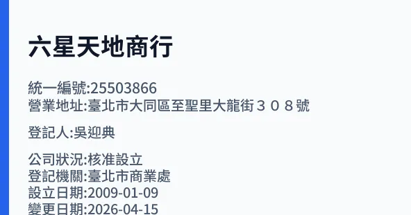 六星天地商行的照片-統編 25503866(臺北市) 公司登記資料與營業項目詳細圖表