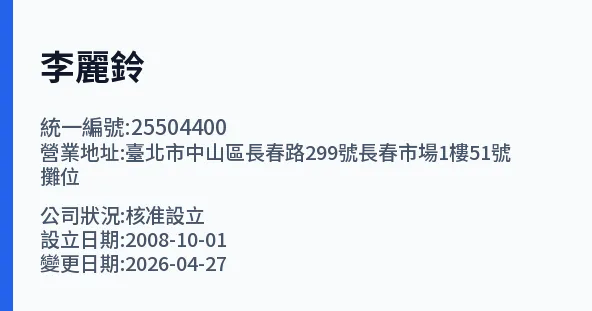 李麗鈴的照片-統編 25504400(臺北市) 公司登記資料與營業項目詳細圖表