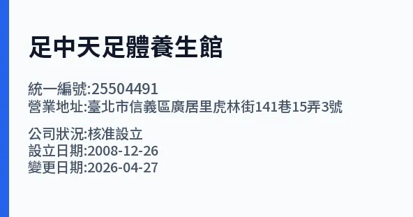 足中天足體養生館的照片-統編 25504491(臺北市) 公司登記資料與營業項目詳細圖表