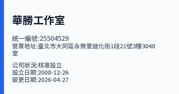 華勝工作室的照片-統編 25504529(臺北市) 公司登記資料與營業項目詳細圖表