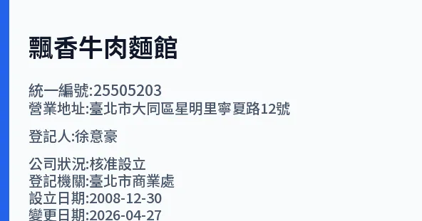 飄香牛肉麵館的照片-統編 25505203(臺北市) 公司登記資料與營業項目詳細圖表