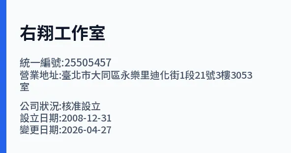右翔工作室的照片-統編 25505457(臺北市) 公司登記資料與營業項目詳細圖表