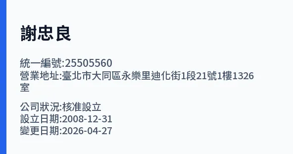謝忠良的照片-統編 25505560(臺北市) 公司登記資料與營業項目詳細圖表