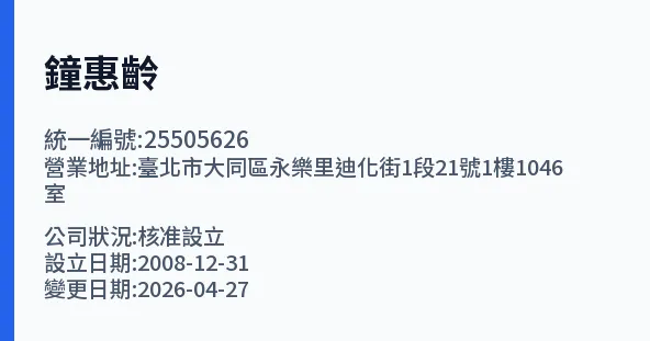 鐘惠齡的照片-統編 25505626(臺北市) 公司登記資料與營業項目詳細圖表