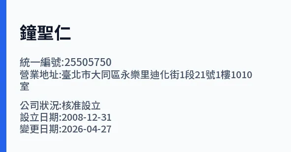 鐘聖仁的照片-統編 25505750(臺北市) 公司登記資料與營業項目詳細圖表