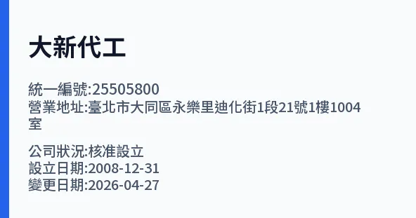 大新代工的照片-統編 25505800(臺北市) 公司登記資料與營業項目詳細圖表