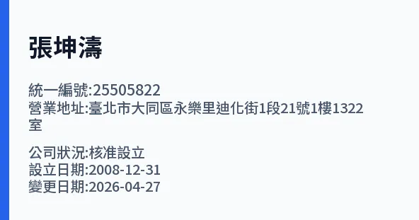 張坤濤的照片-統編 25505822(臺北市) 公司登記資料與營業項目詳細圖表