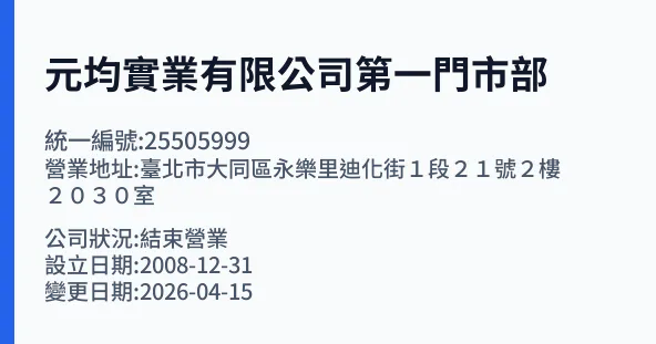 元均實業有限公司第一門市部的照片-統編 25505999(臺北市) 公司登記資料與營業項目詳細圖表