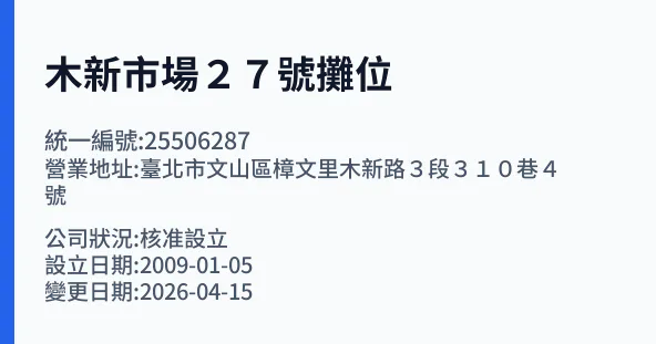 木新市場２７號攤位的照片-統編 25506287(臺北市) 公司登記資料與營業項目詳細圖表