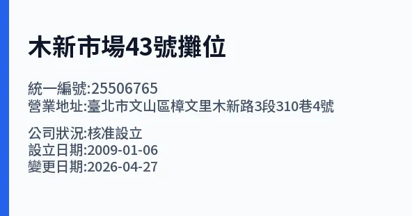 木新市場43號攤位的照片-統編 25506765(臺北市) 公司登記資料與營業項目詳細圖表