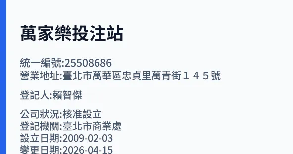 萬家樂投注站的照片-統編 25508686(臺北市) 公司登記資料與營業項目詳細圖表