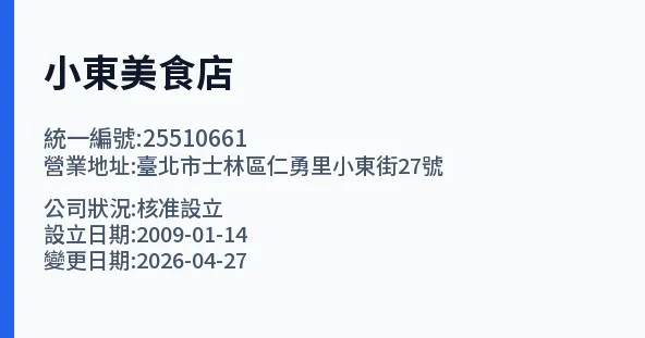 小東美食店的照片-統編 25510661(臺北市) 公司登記資料與營業項目詳細圖表