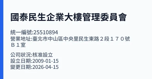 國泰民生企業大樓管理委員會的照片-統編 25510894(臺北市) 公司登記資料與營業項目詳細圖表