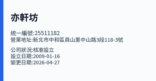 亦軒坊的照片-統編 25511182(新北市) 公司登記資料與營業項目詳細圖表